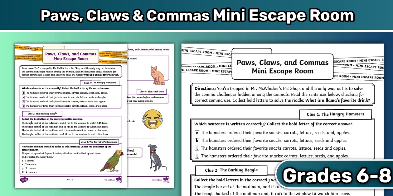 Comma Escape Room | English Language Arts | Twinkl USA