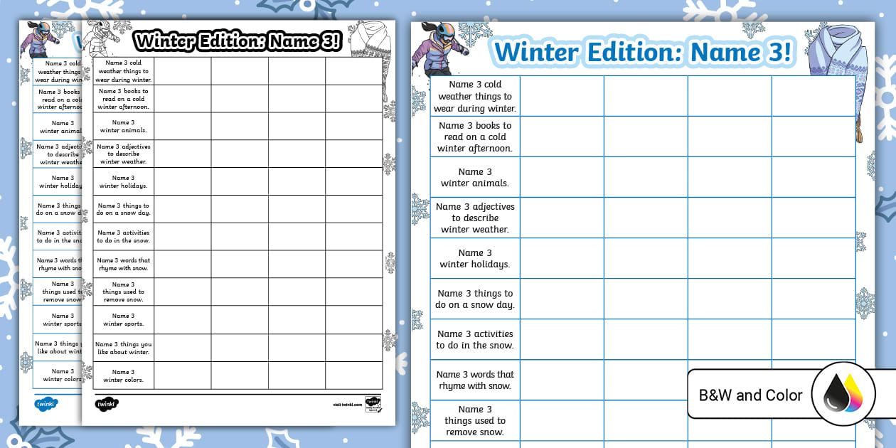 Winter Edition: Name 3 Game for 3rd-5th Grade - Twinkl