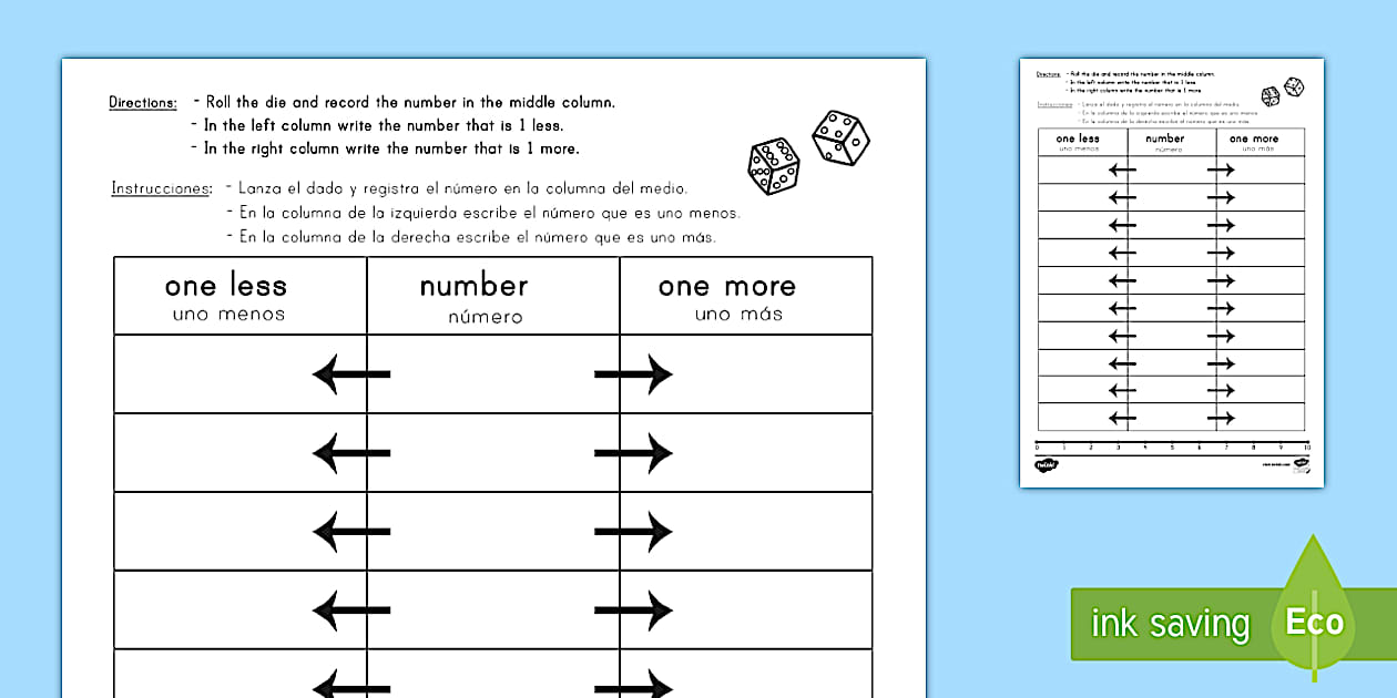 One More One Less Dice Worksheet / Worksheet English/Spanish - One More One