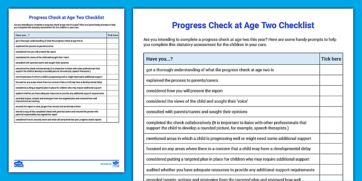 Kindergarten Progress Check at Age Two Checklist | Twinkl