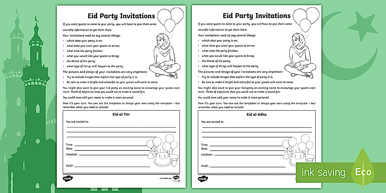 Eid Party Invitations Writing Template - Twinkl