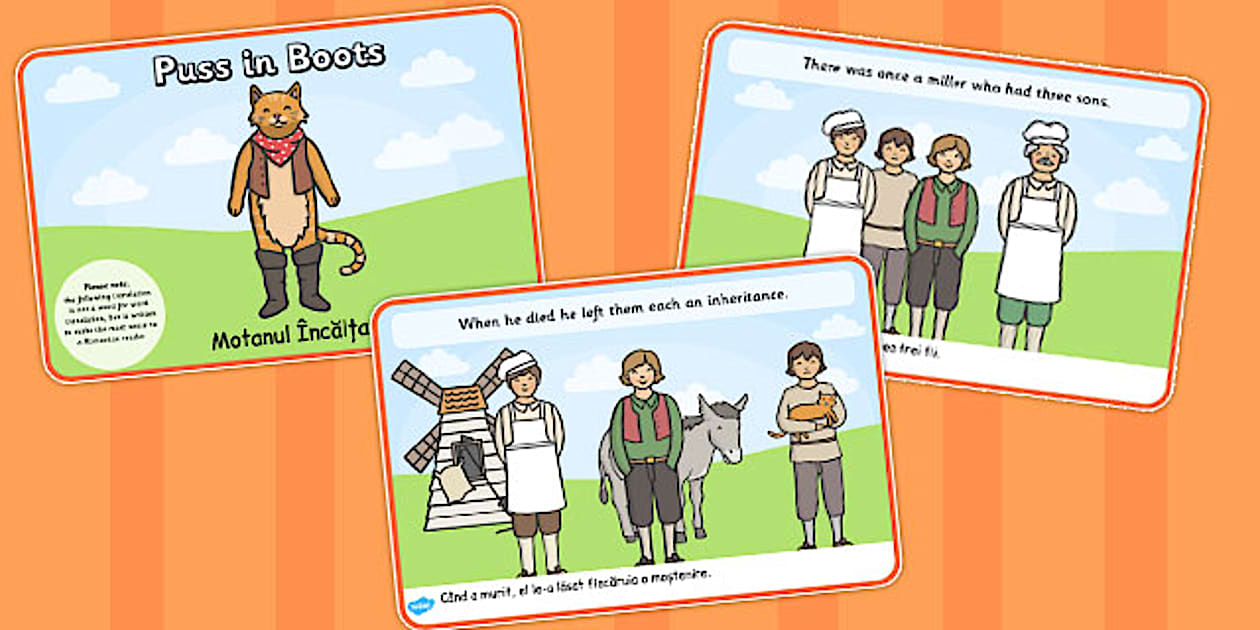Puss in Boot Story Sequencing A4 EAL Romanian Translation - story