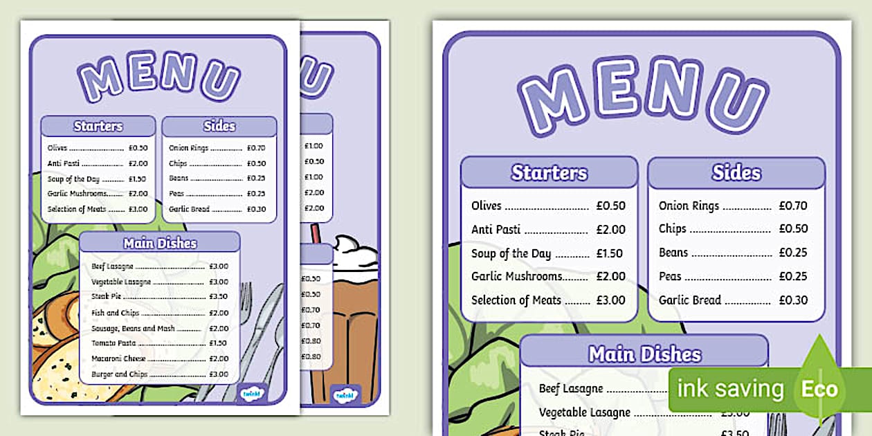 Printable Role-Play Menu - EYLF - Twinkl Australia - Twinkl