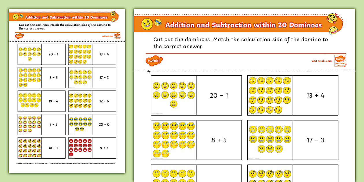 👉 Addition and Subtraction within 20 Emoticon Dominoes