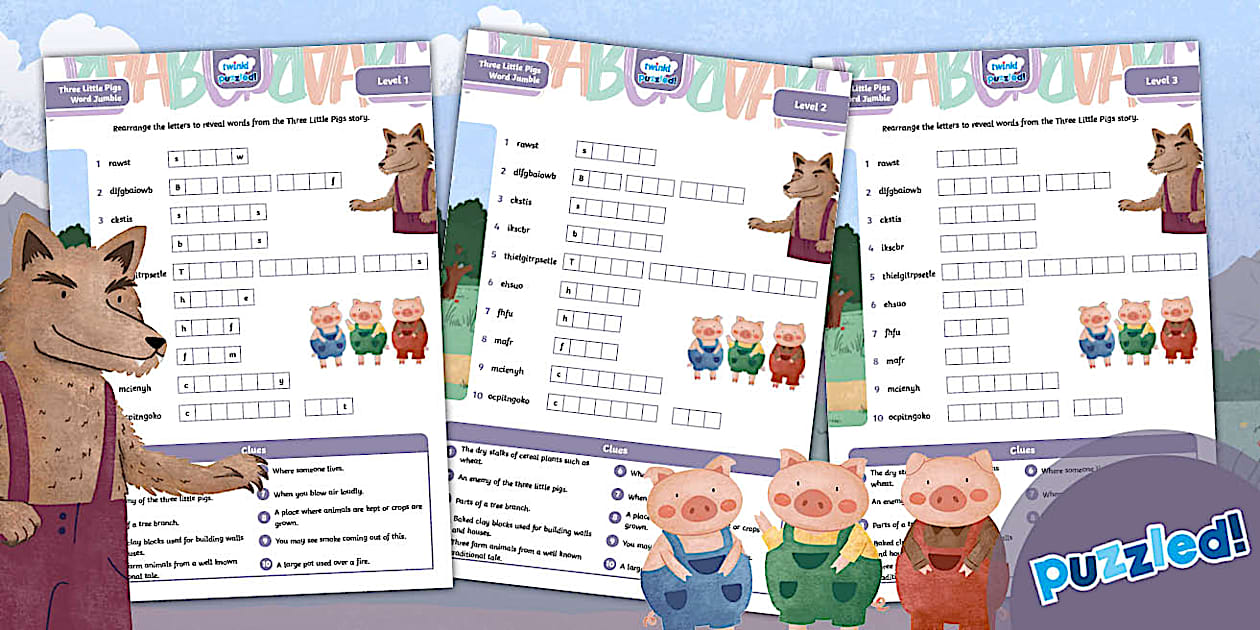 Three Little Pigs Word Jumble Puzzle Pack | Twinkl Puzzled