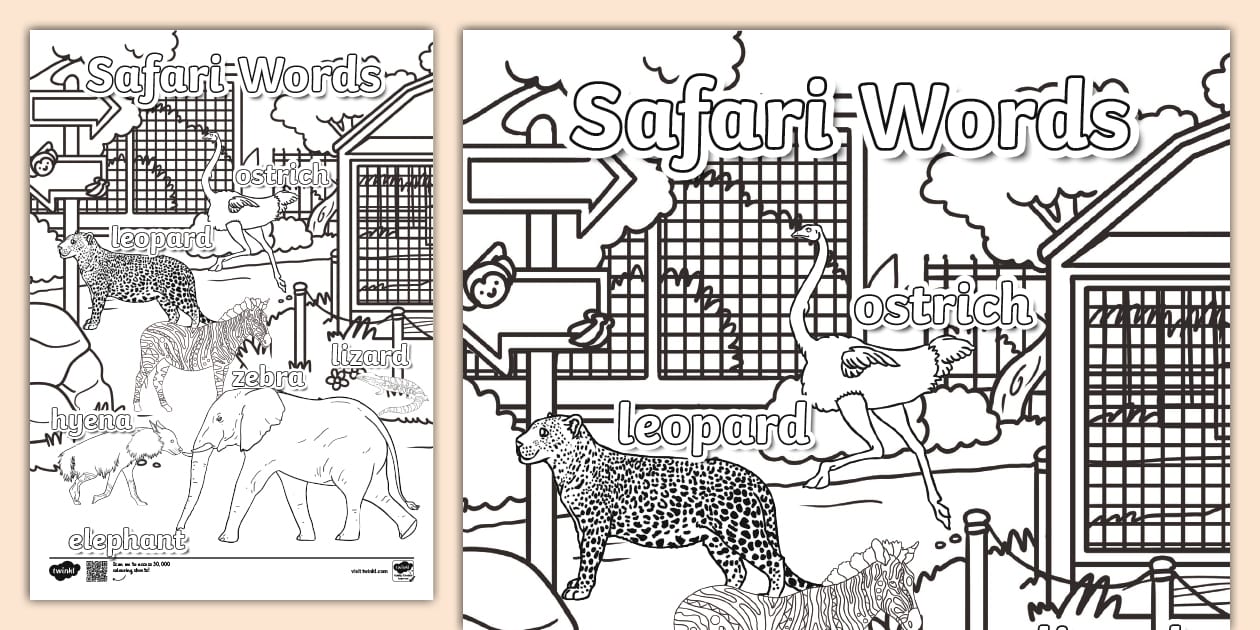 Safari Words Coloring Worksheet / Worksheets- jungle, animals, motor skills