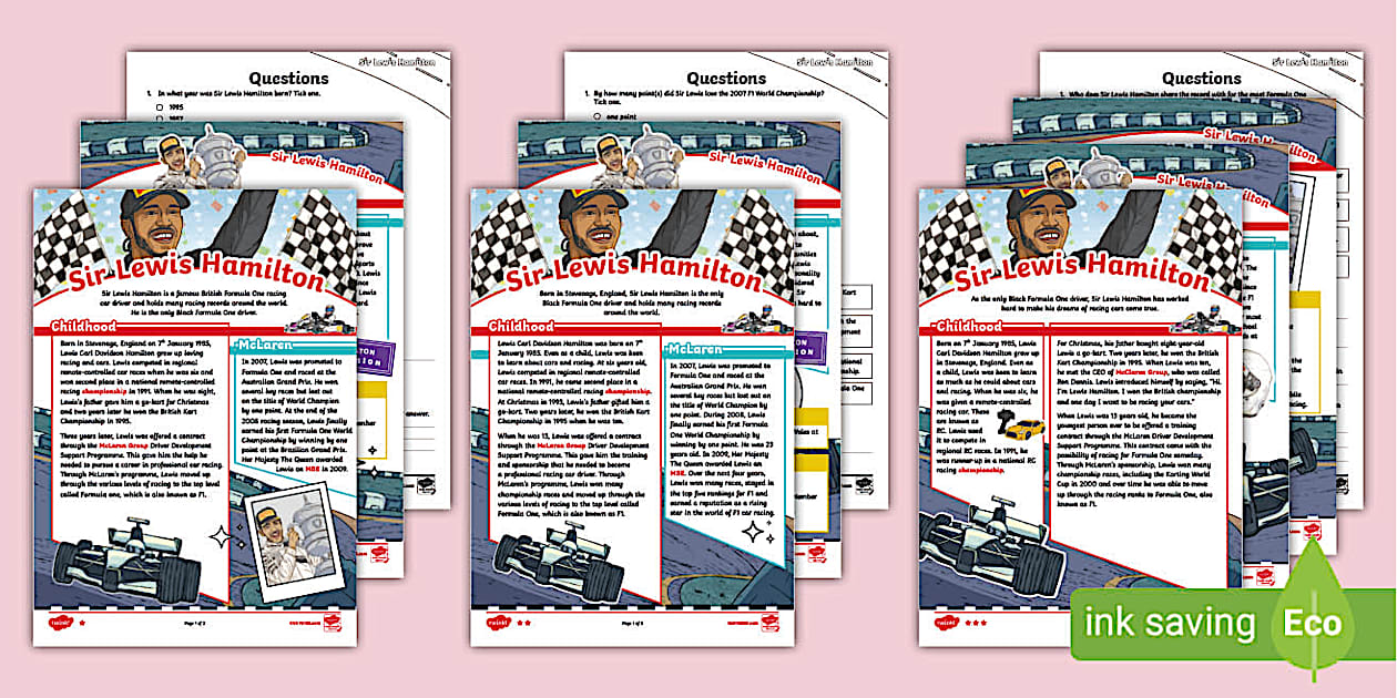 LKS2 Sir Lewis Hamilton Reading Comprehension Activity