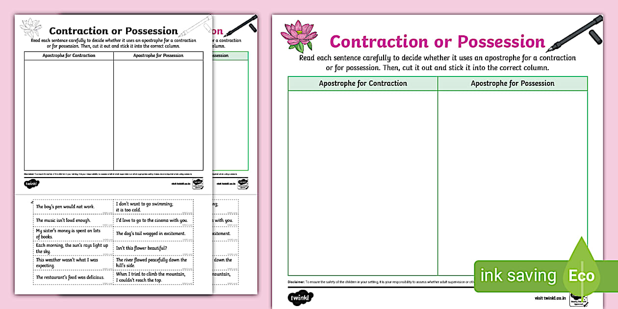Apostrophes for Contraction or Possession Sorting Activity