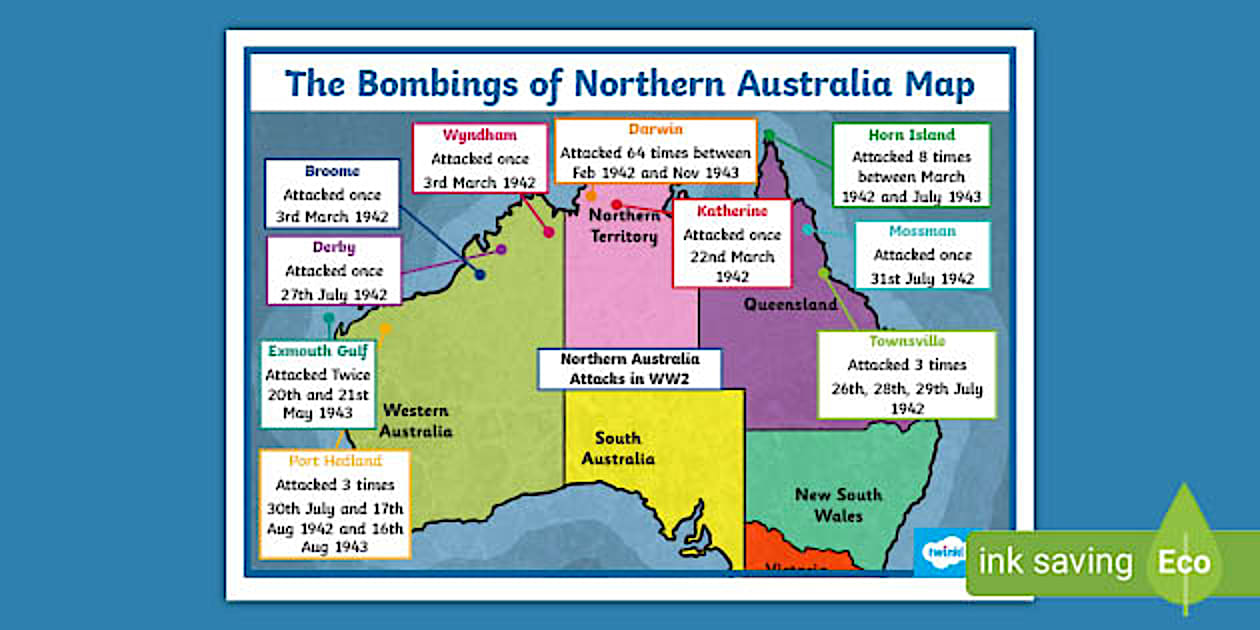 The Bombings of Northern Australia Map World War II - Twinkl