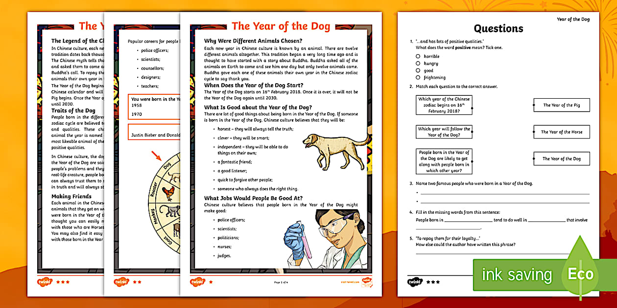 LKS2 The Year of the Dog Differentiated Reading Comprehension Activity