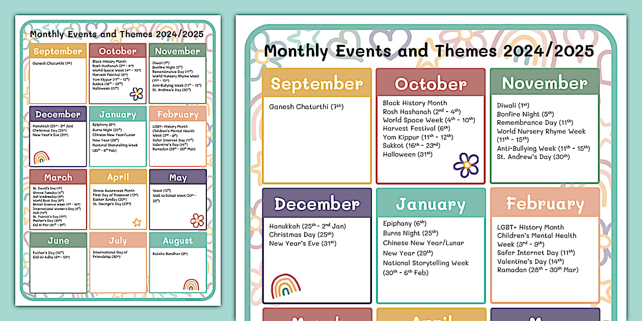 Editable Muted Rainbow Monthly Events and Themes Planner 2024/2025 Academic