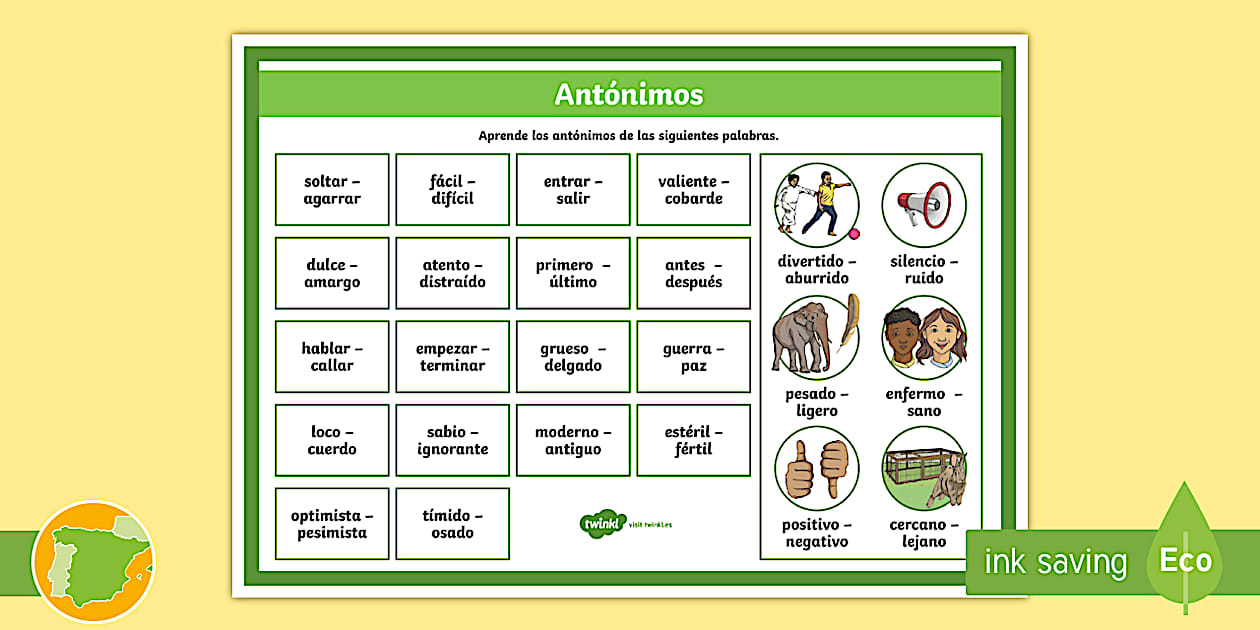 Poster A4: Antónimos - 20 palabras (teacher made) - Twinkl