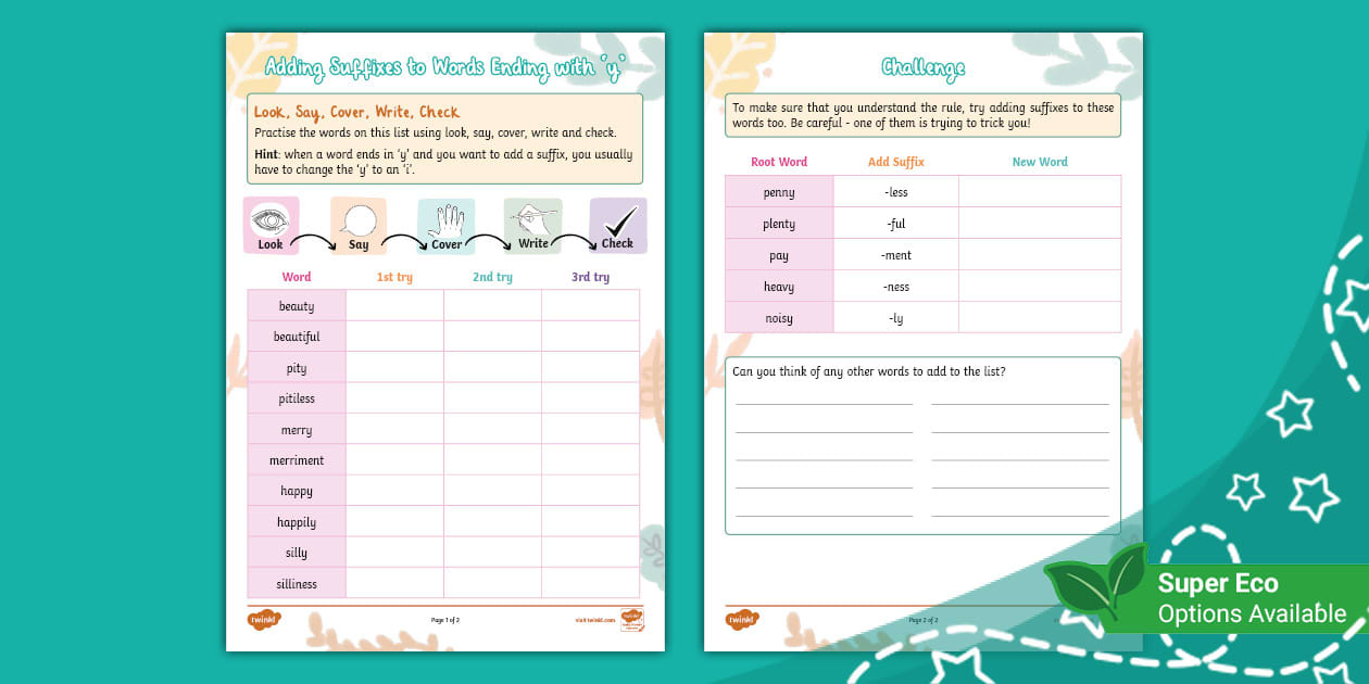 Adding Suffixes to Words Ending in 'y' Spelling Activity Sheet