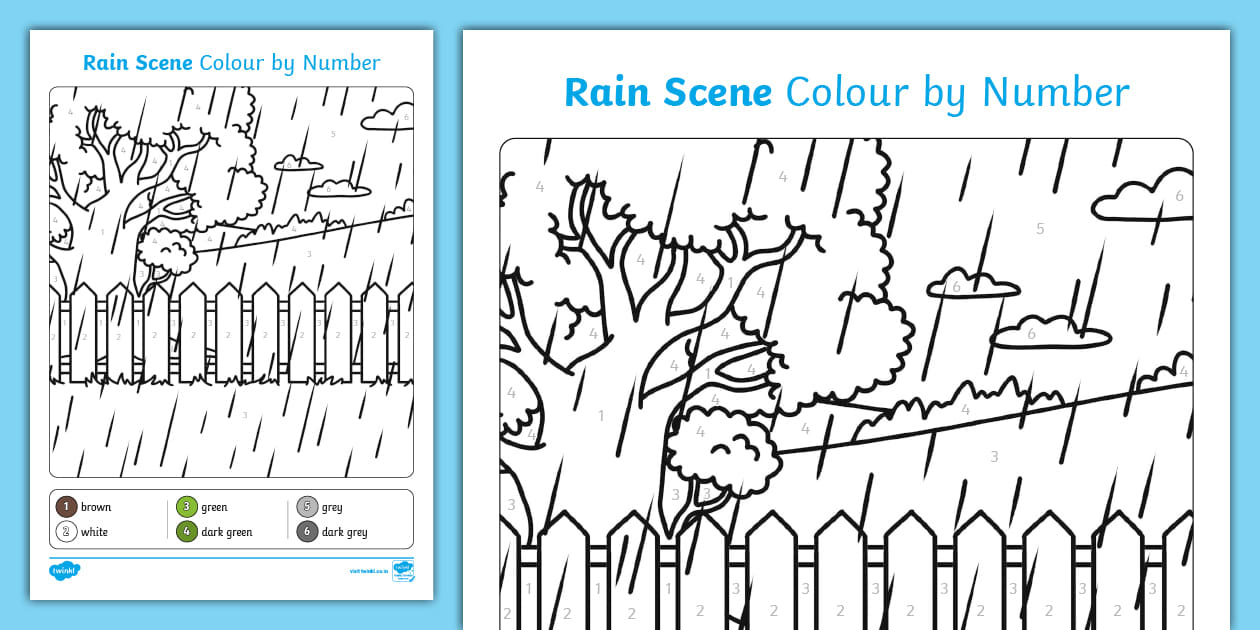 Rain Scene Colour by Number Worksheet - Twinkl