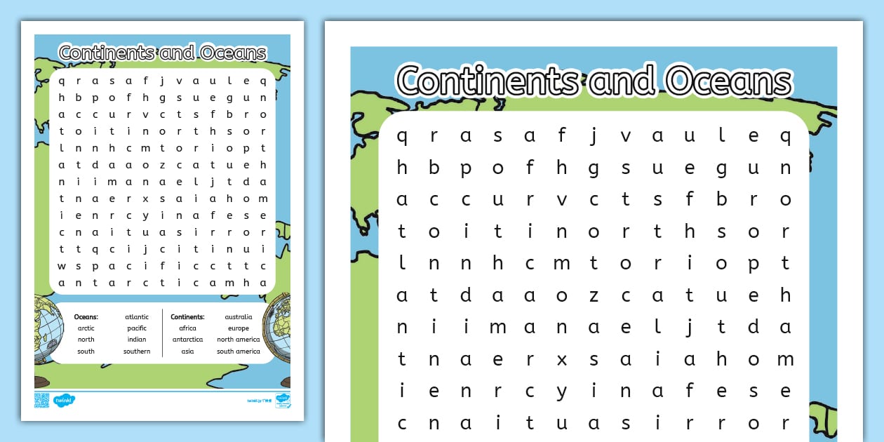 Continents and Oceans of the World English Word Search