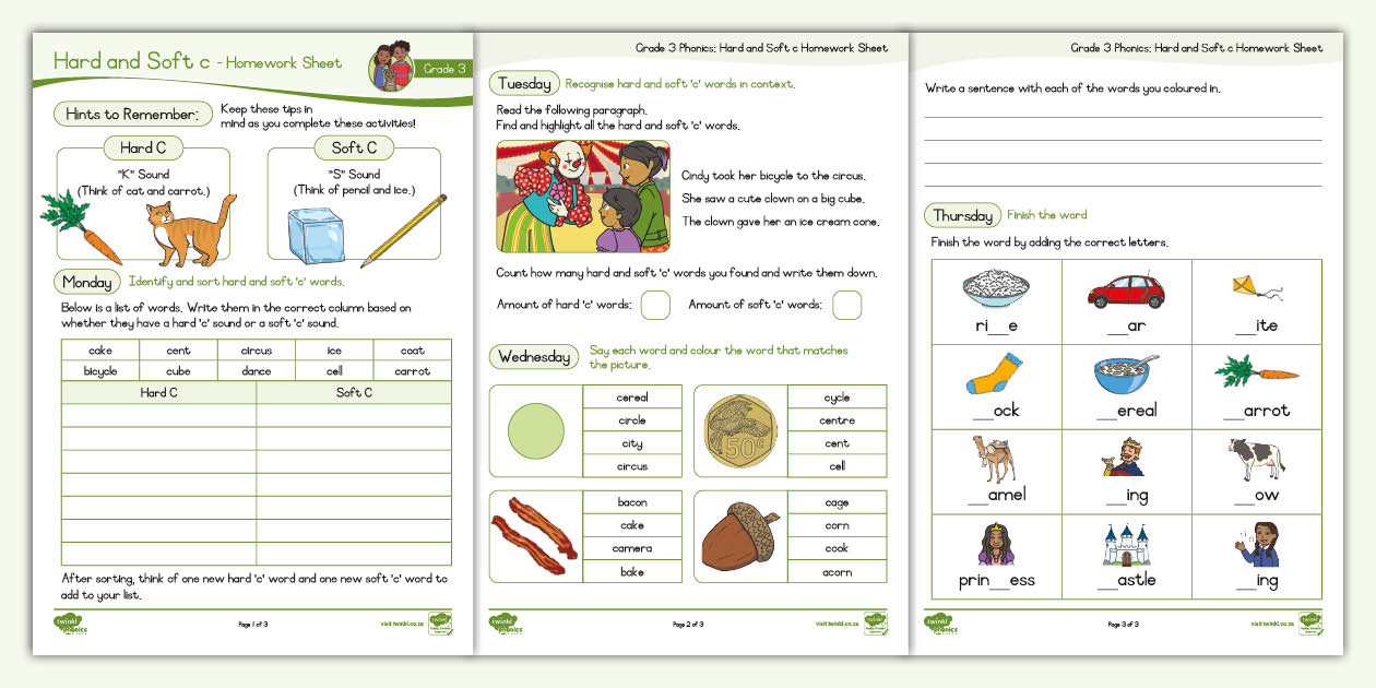 Grade 3 Phonics: Hard and Soft c Homework Sheet - Twinkl