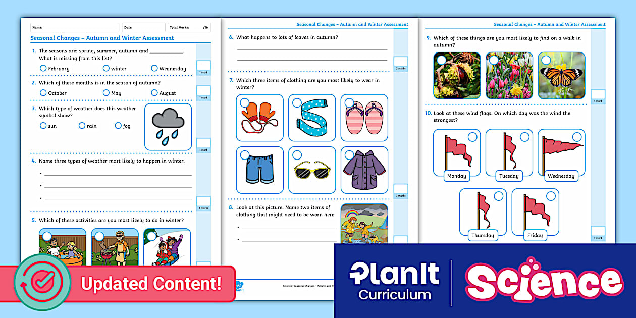 Science: Seasonal Changes Autumn and Winter: Year 1 Assessment Test