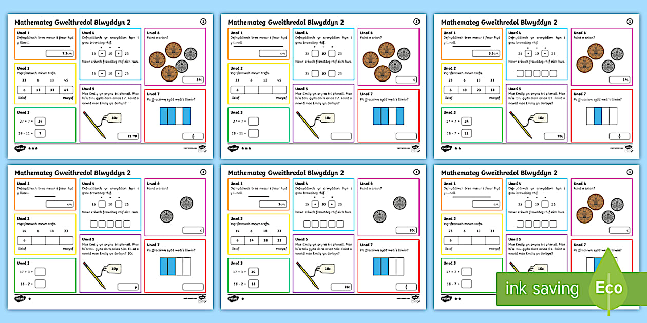 Matiau Her Mathemateg Gweithredol Blwyddyn 2 (Teacher-Made)