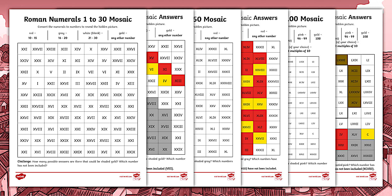 Roman Numerals Coloring Mosaic Worksheet - up to 100