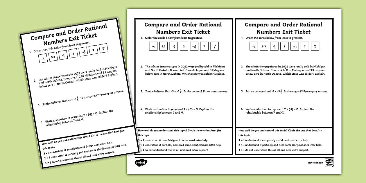 Seventh Grade Compare and Order Rational Numbers Exit Ticket