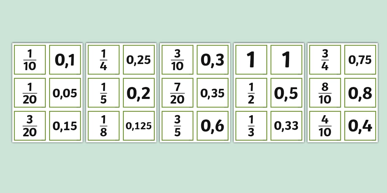 Tarjetas de emparejar: Decimales y fracciones