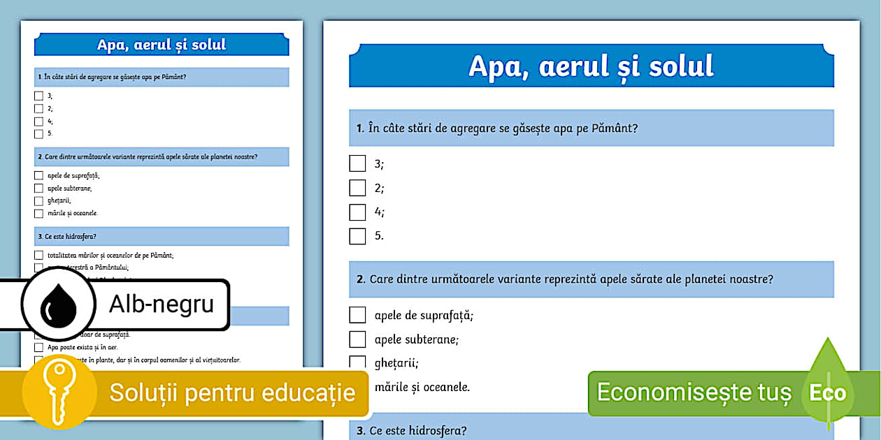 Apa, aerul și solul – Evaluare formativă/ Temă clasa 3