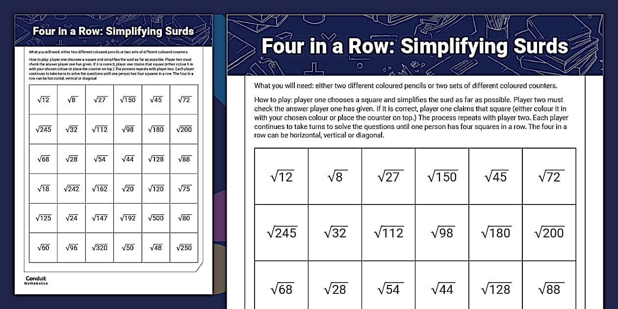 Four in a Row: Simplifying Surds (teacher made) - Twinkl