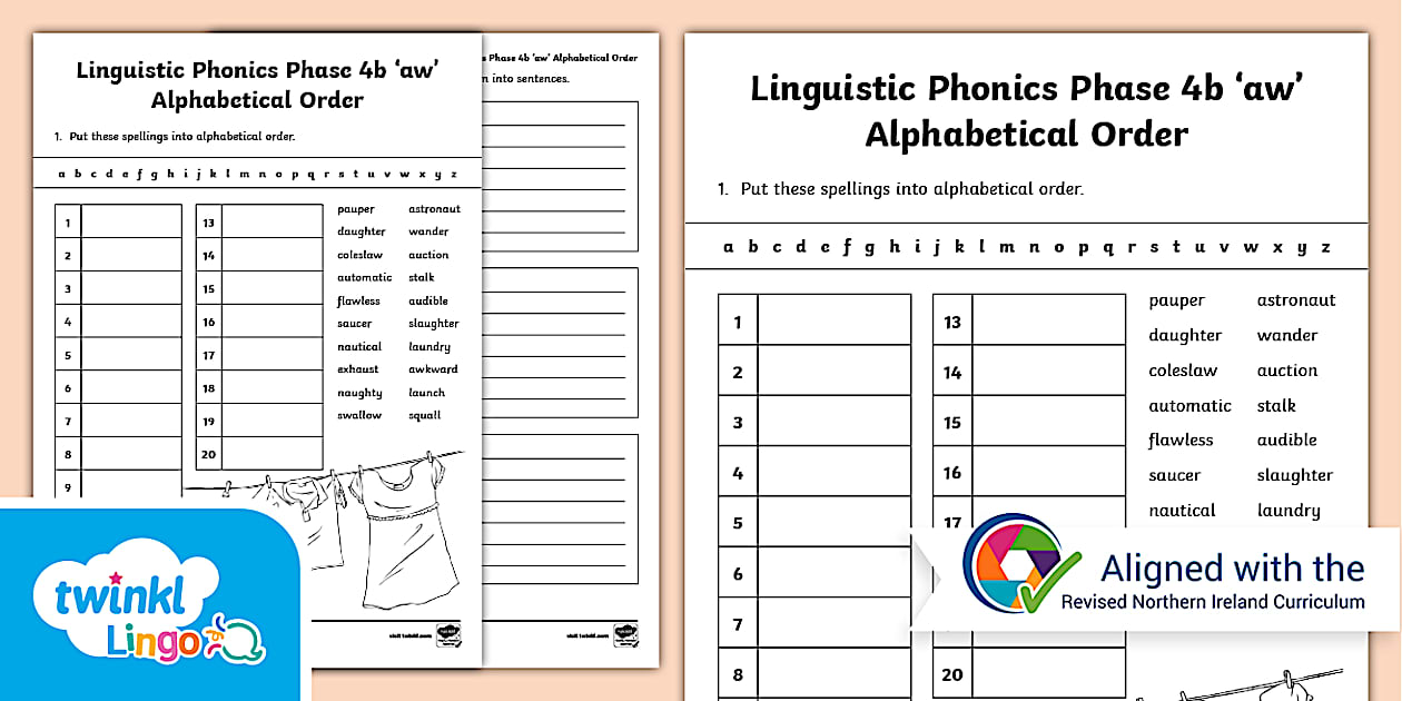 Linguistic Phonics Phase 4b 'aw' Alphabetical Order
