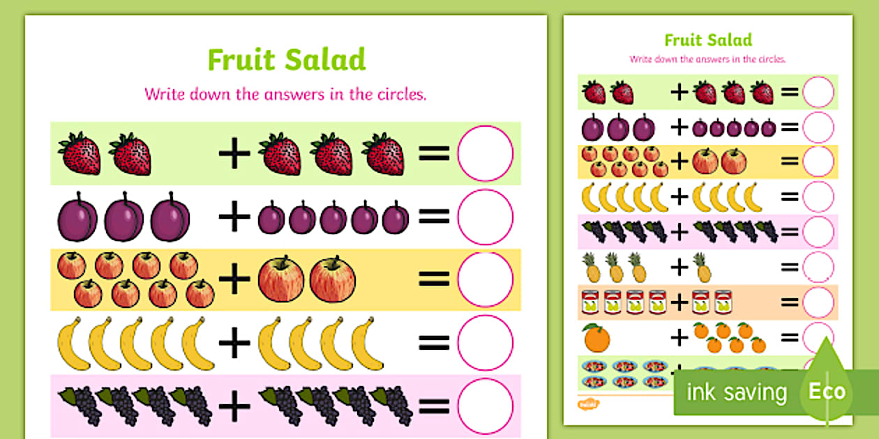 Fruit Salad Up to 10 Addition Sheet (teacher made) - Twinkl