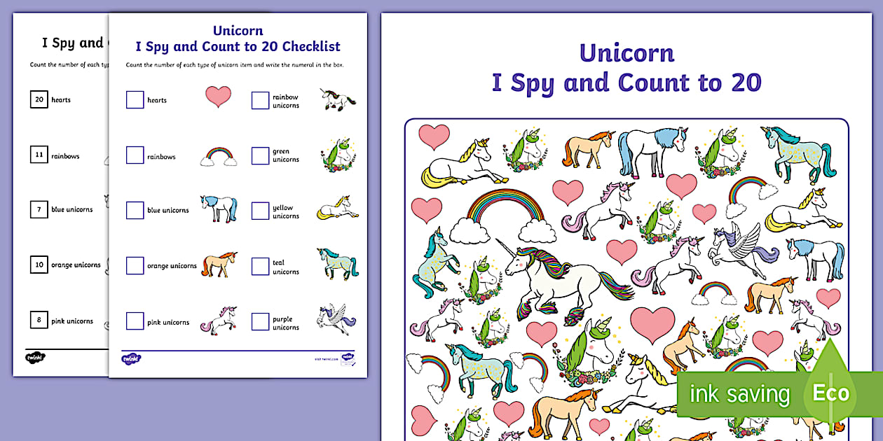 Unicorn I Spy and Count Activity to 20 (teacher made)