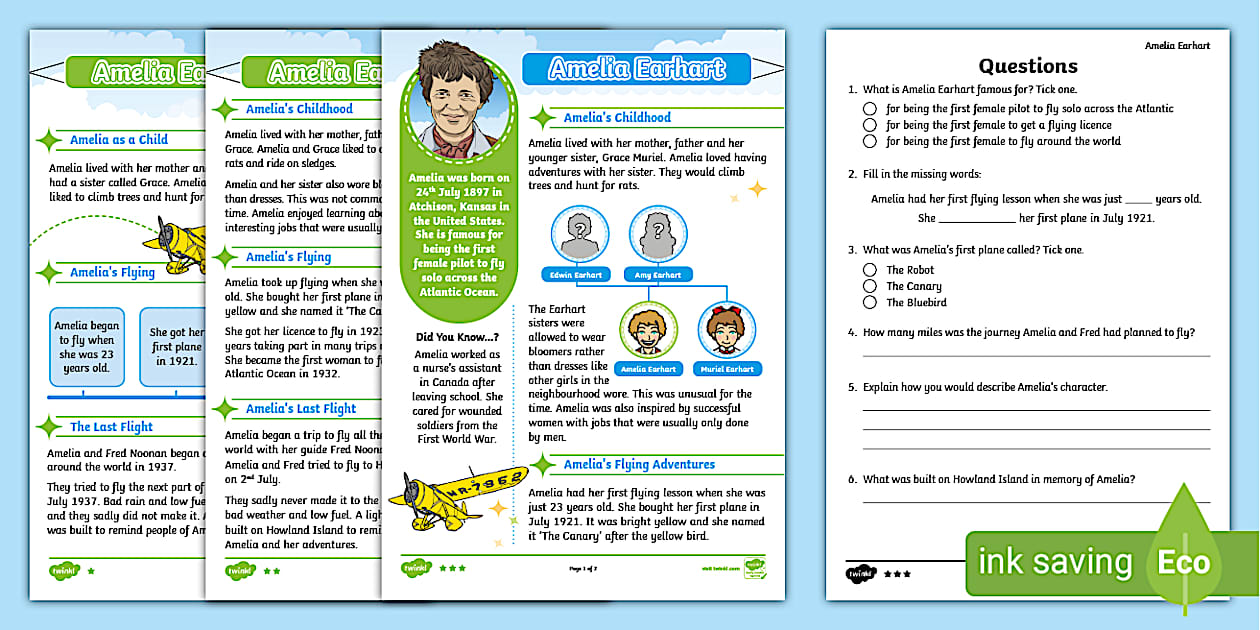KS1 Amelia Earhart Differentiated Reading Comprehension Activity