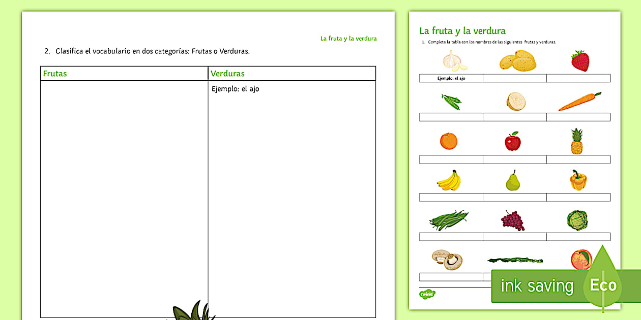 Fruit and Vegetables Worksheet / Worksheet - Spanish