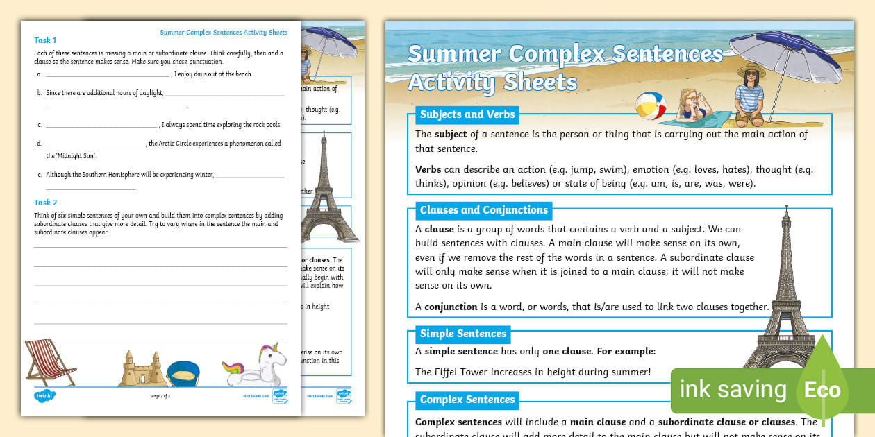 Summer Complex Sentences Activity Sheets (teacher made)