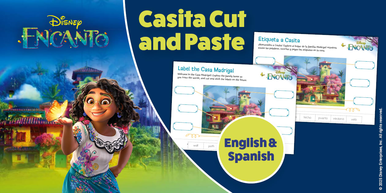 Encanto: English/Spanish Label the Casa Madrigal Cut and Paste Worksheet