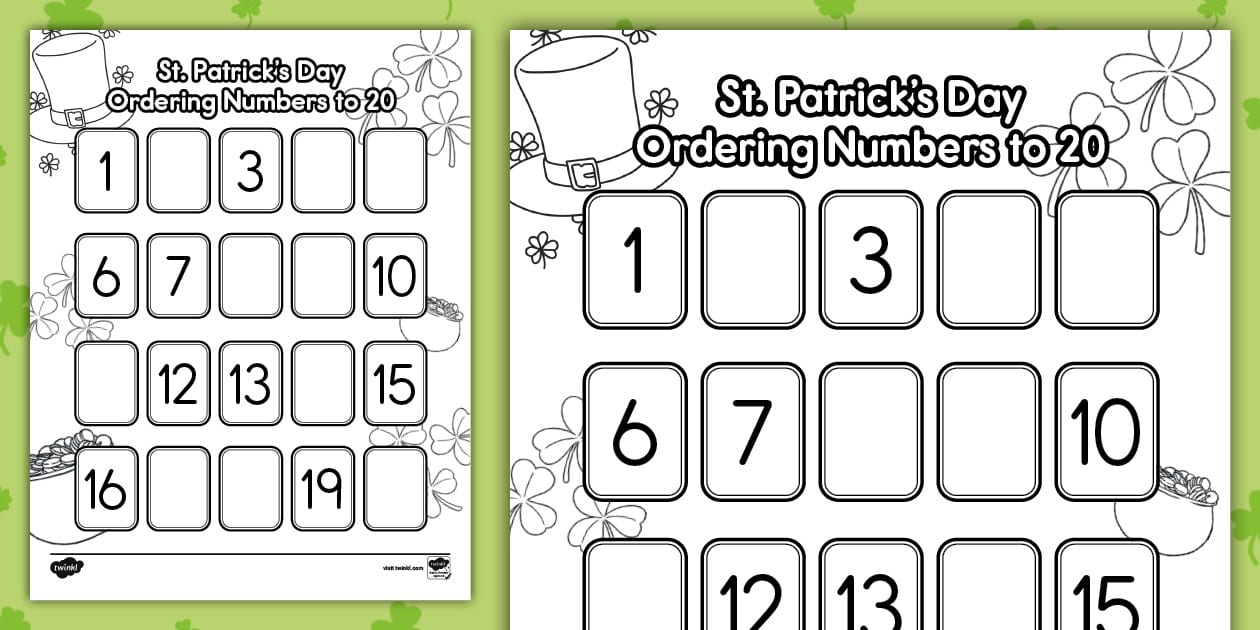 Kindergarten St. Patrick's Day Missing Numbers to 20 Ordering Worksheet