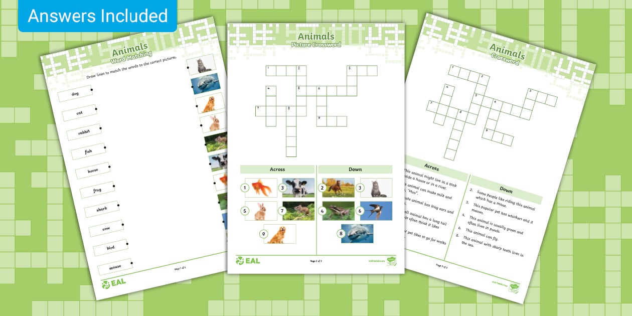 Animals Vocabulary Crosswords for EAL Learners - Twinkl