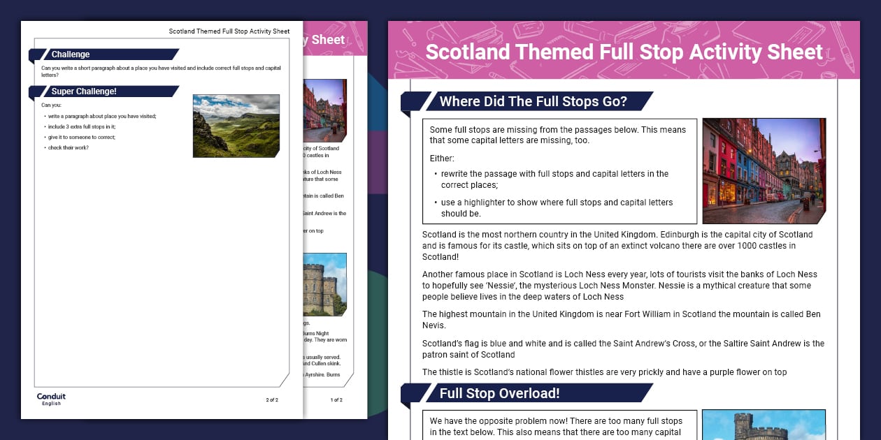 Reinforcing Full Stops: Scotland Themed Activity Sheet