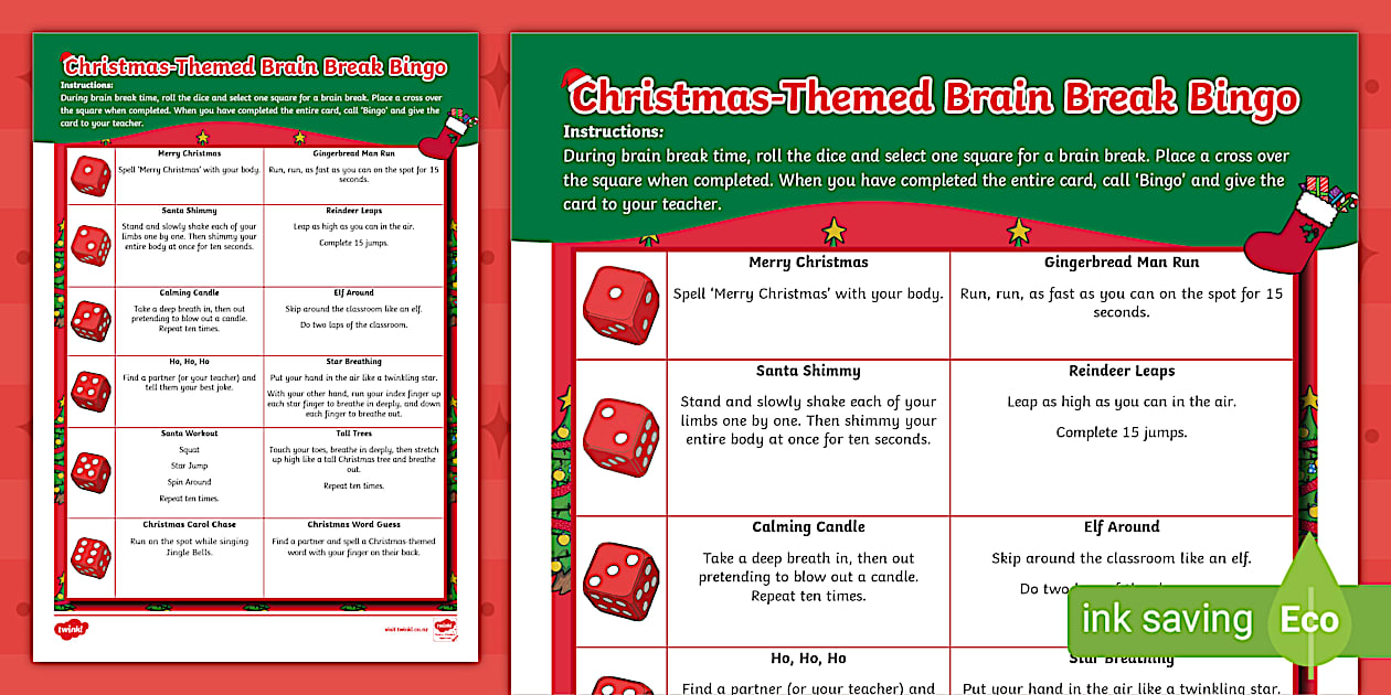 Christmas-Themed Brain Break Bingo (teacher made) - Twinkl