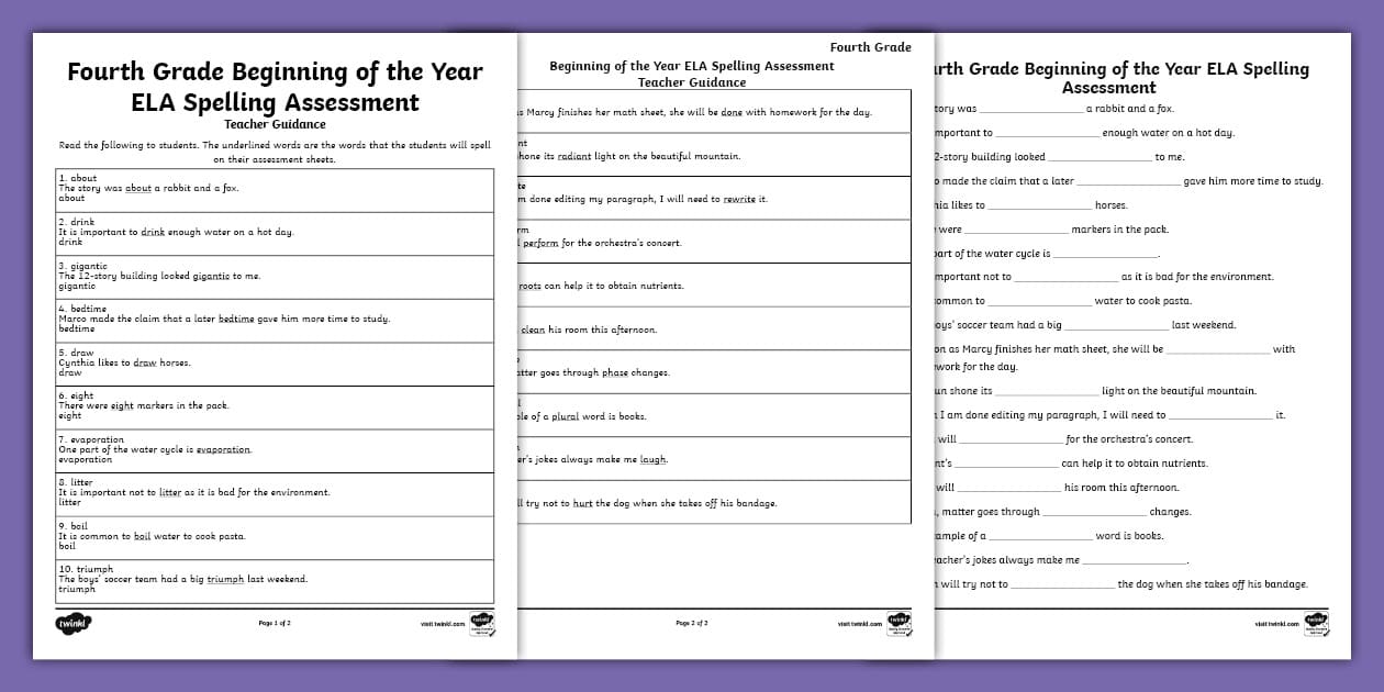 Fourth Grade Beginning of the Year ELA Spelling Assessment