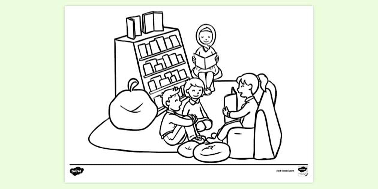 Children Reading in a Reading Area Colouring Sheet - Twinkl