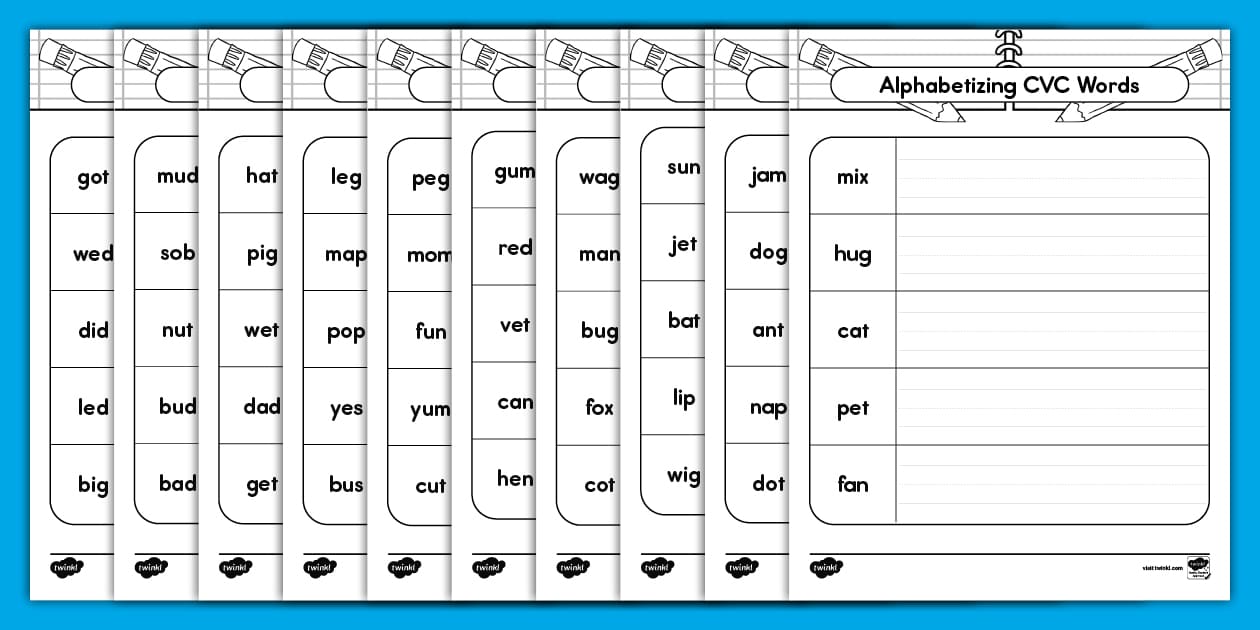 Early Childhood Alphabetizing CVC Words Worksheets - Twinkl