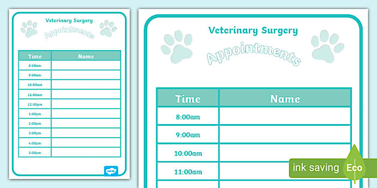 Editable Vets Surgery Pet Appointments Form (teacher made)