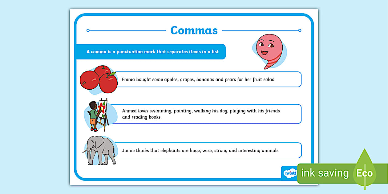 Commas in Lists Display Poster (teacher made) - Twinkl