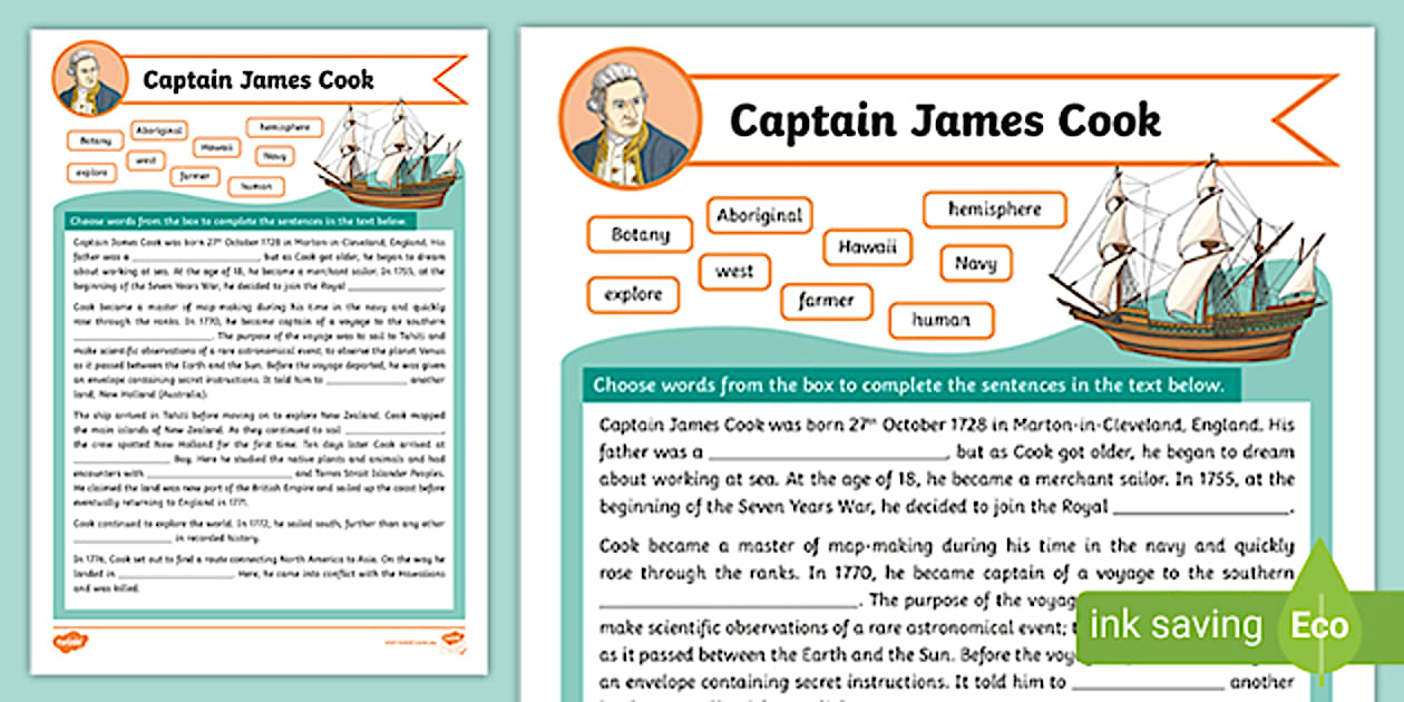 Captain Cook Cloze Worksheet (teacher made) - Twinkl