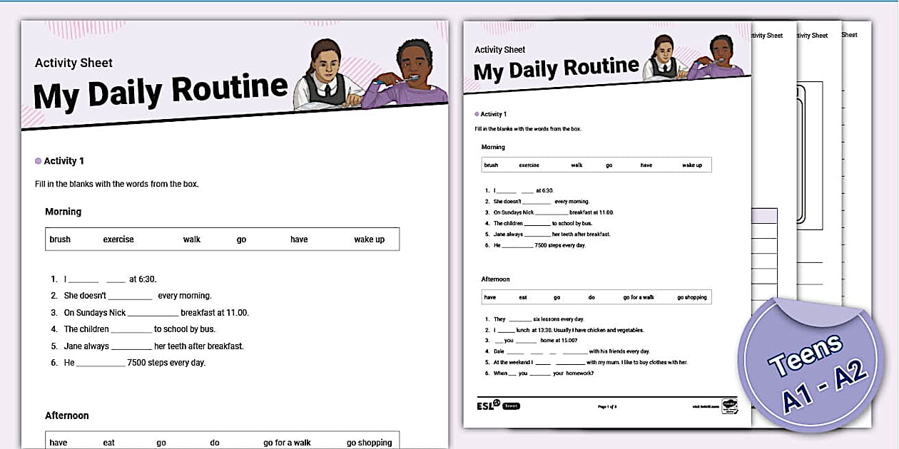 ESL My Daily Routine Activity Sheet [Teens, A1-A2] - Twinkl