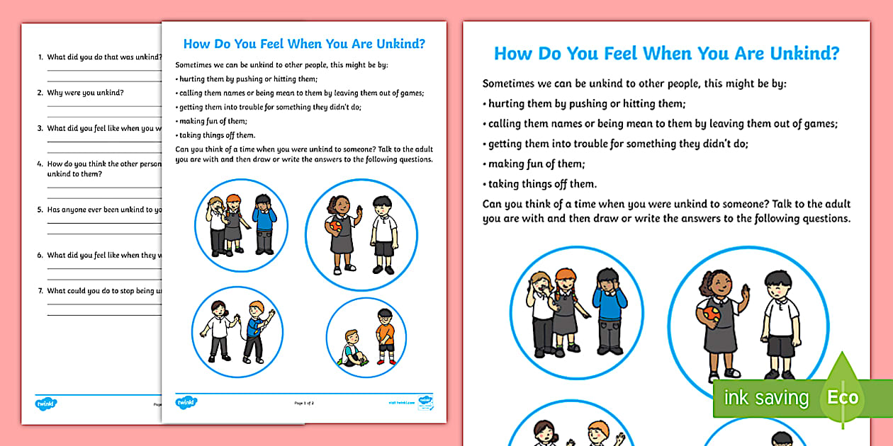 How Do You Feel When You Are Unkind? Worksheet - Twinkl