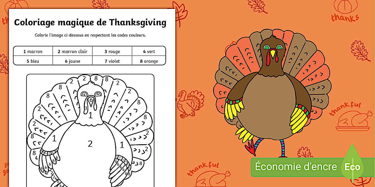 Coloriage magique - dinde de Thanksgiving (teacher made)