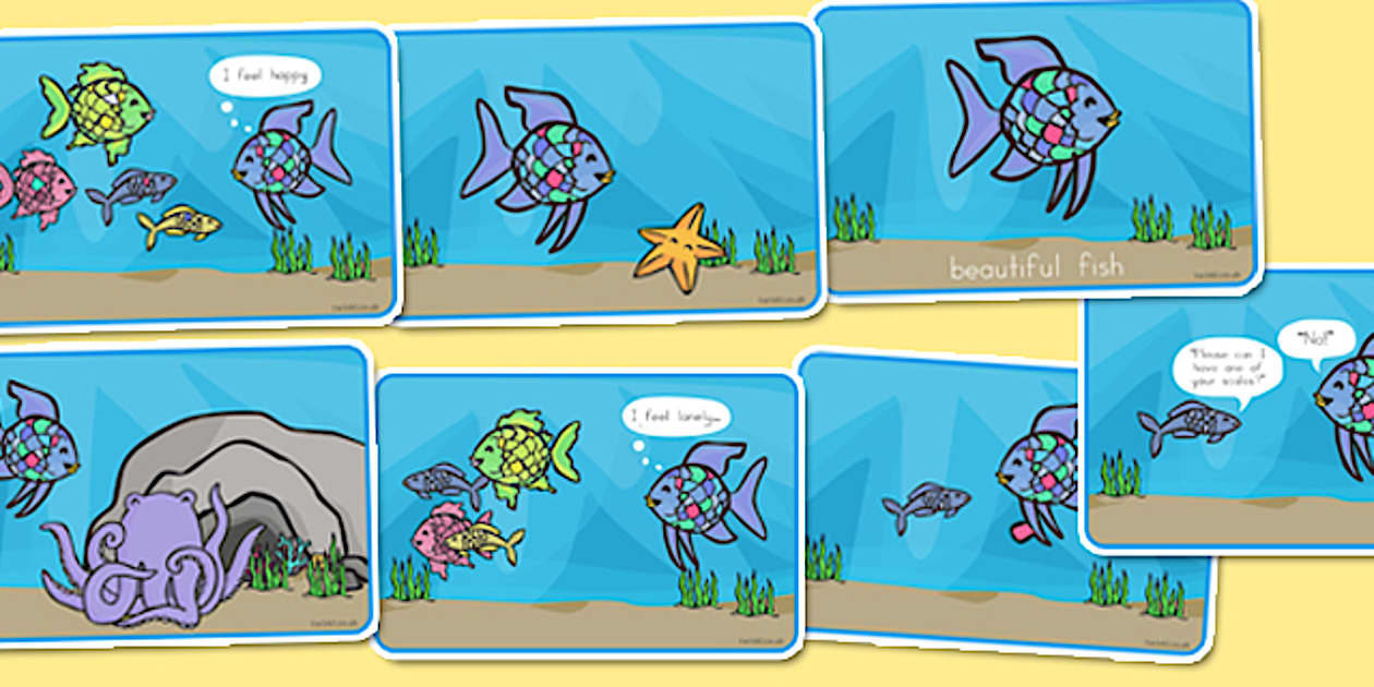 Story Sequencing 4 per A4 to Support Teaching on The Rainbow Fish
