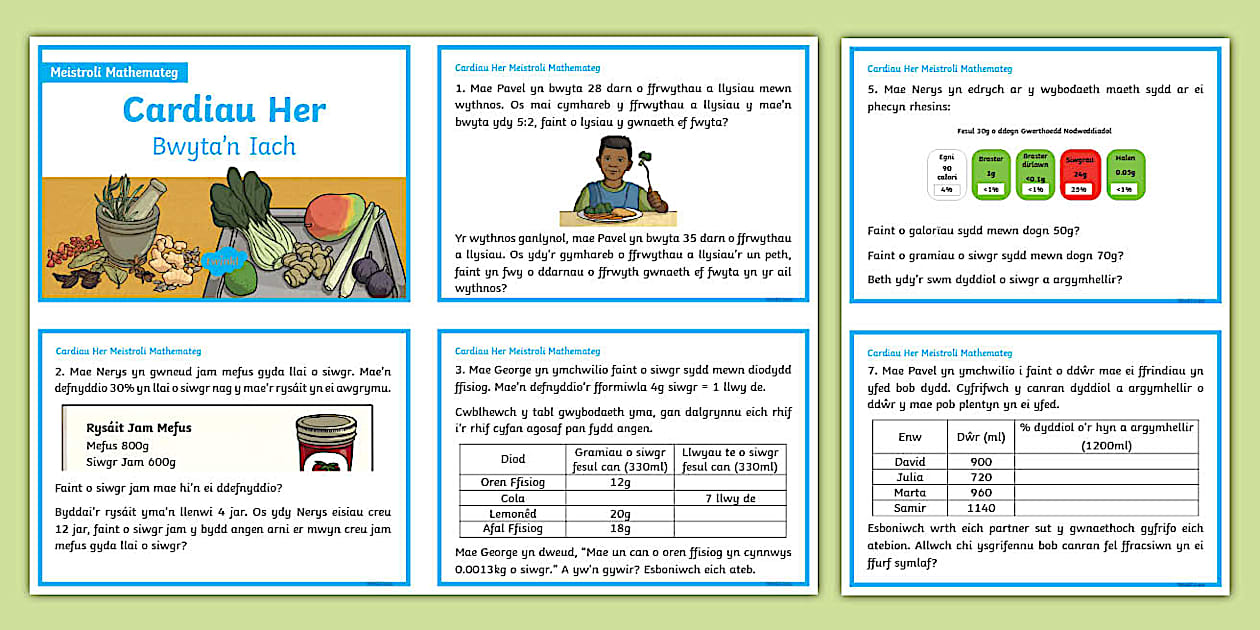 Cardiau Her Meistroli Mathemateg Bwyta'n Iach (Teacher-Made)