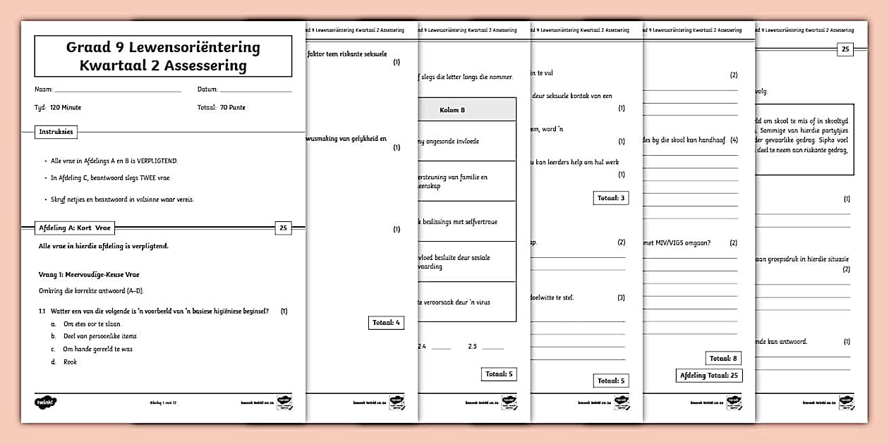 Graad 9 Lewensoriëntering Kwartaal 2 Assessering - Twinkl